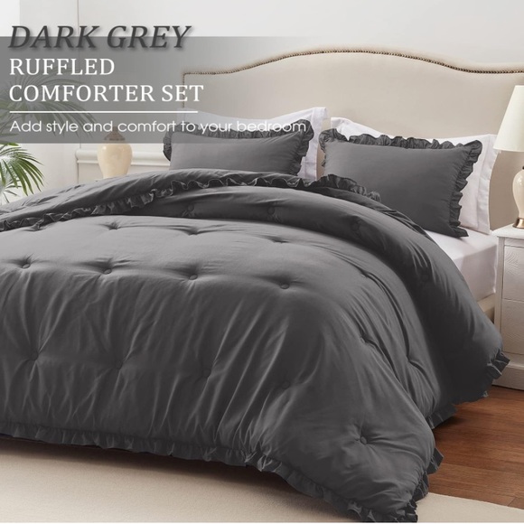 Bedding | 3 Pieces Dark Gray Ruffle Farmhouse Boho Comforter Set Queen ...